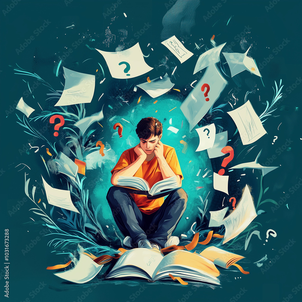 Cartoon student sitting confused with floating papers and question ...