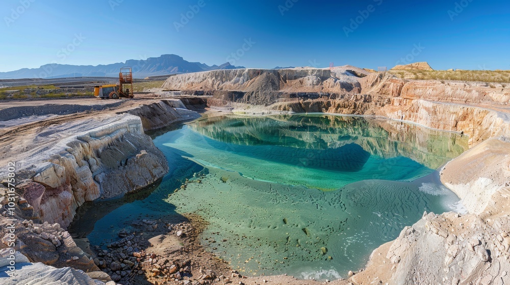 Vivid lithium mining brine pool amidst stark landscape and equipment ...