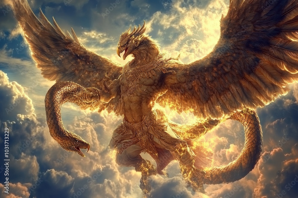 Garuda, the mighty bird from Hindu mythology, locked in an epic battle ...