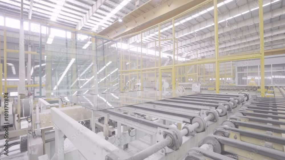 Industrial factory glass moves on the roller table. Automatic removal ...