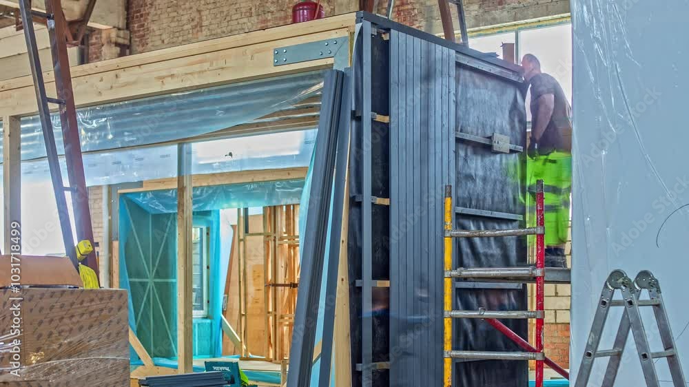Modular House Production - Men At Work Assembling Wall Panel Of Modular ...