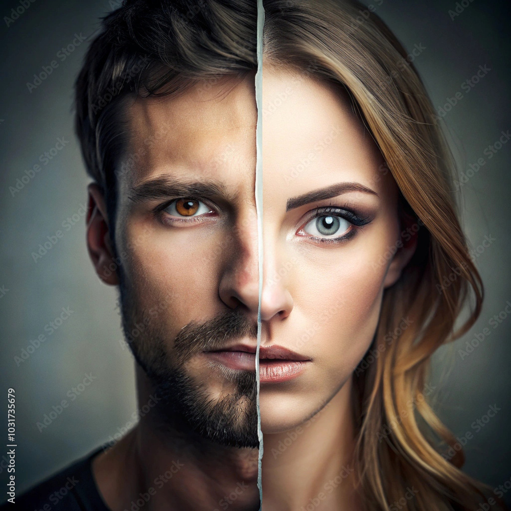 In eerie silence, a face split in two, the right side a man, the left a ...