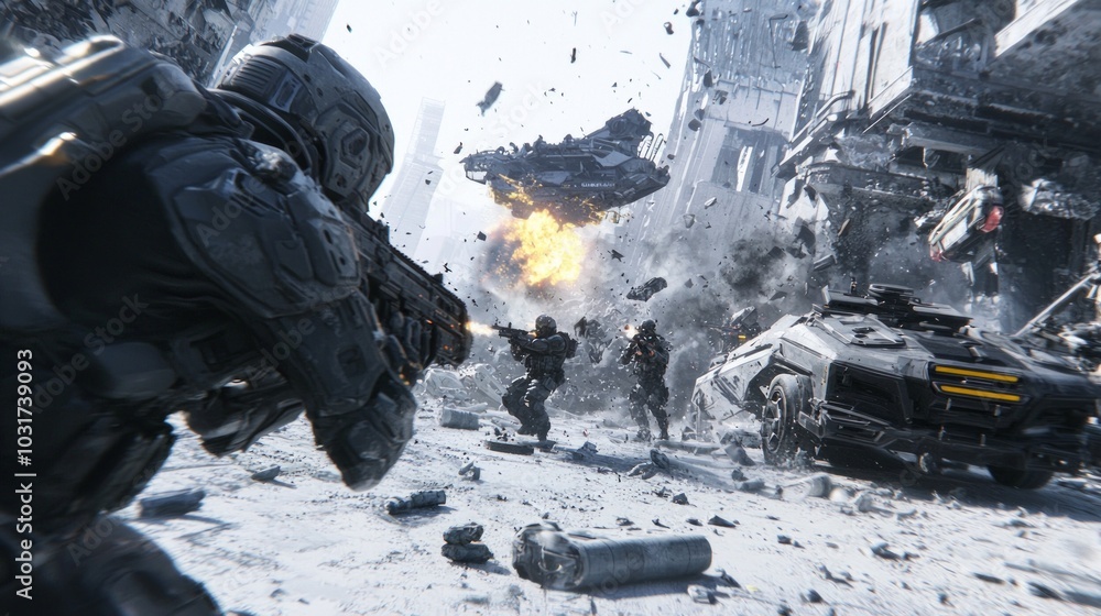 Intense Futuristic Warfare 3D Render of Dramatic Civilian Rescue ...