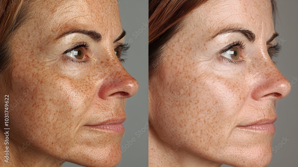 Skin transformation before-and-after melasma treatment, focusing on dark spots and uneven skin ...