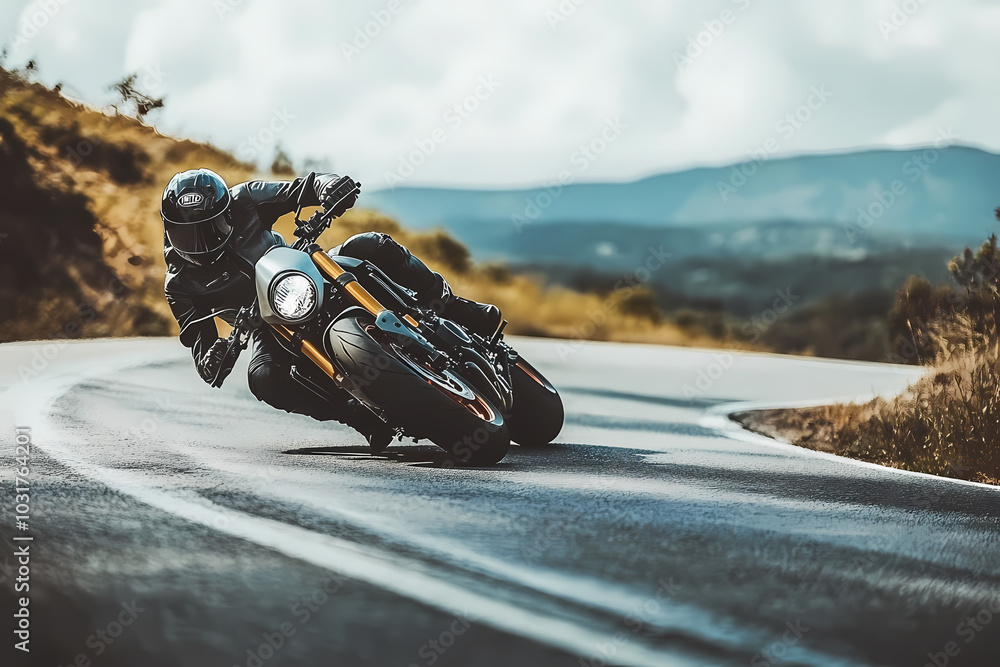 A motorcyclist races along winding roads, showcasing agility and speed ...
