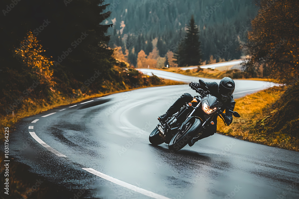 A motorcyclist races along winding roads, showcasing agility and speed ...
