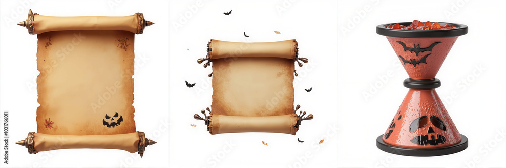 Three Halloween-themed parchment scrolls with spooky decorations ...