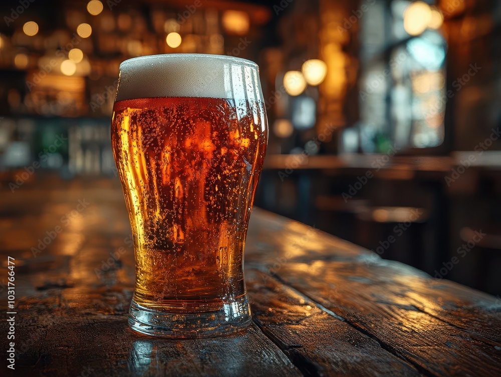 golden beer cascading into a chilled glass, frothy head forming ...