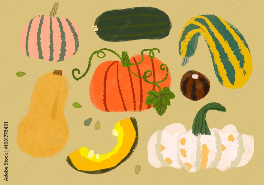가을에 수확하는 여러종류의 다양한 호박 일러스트 Stock Illustration | Adobe Stock