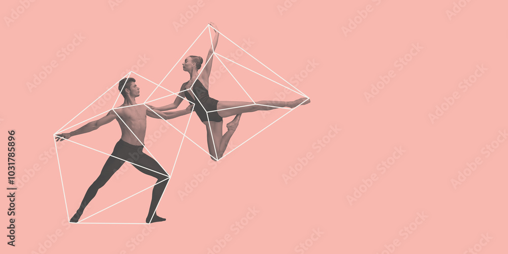 Support and freedom. Man and woman, ballet dancers performing on pastel ...