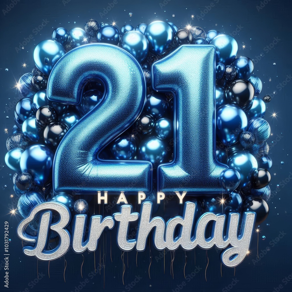 Blue and silver 21st birthday celebration with balloons and sparkles ...