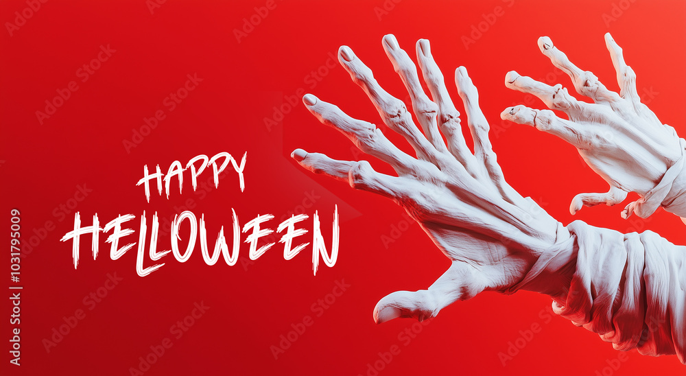 Two mummified hands reaching out on an orange background, wrapped in ...