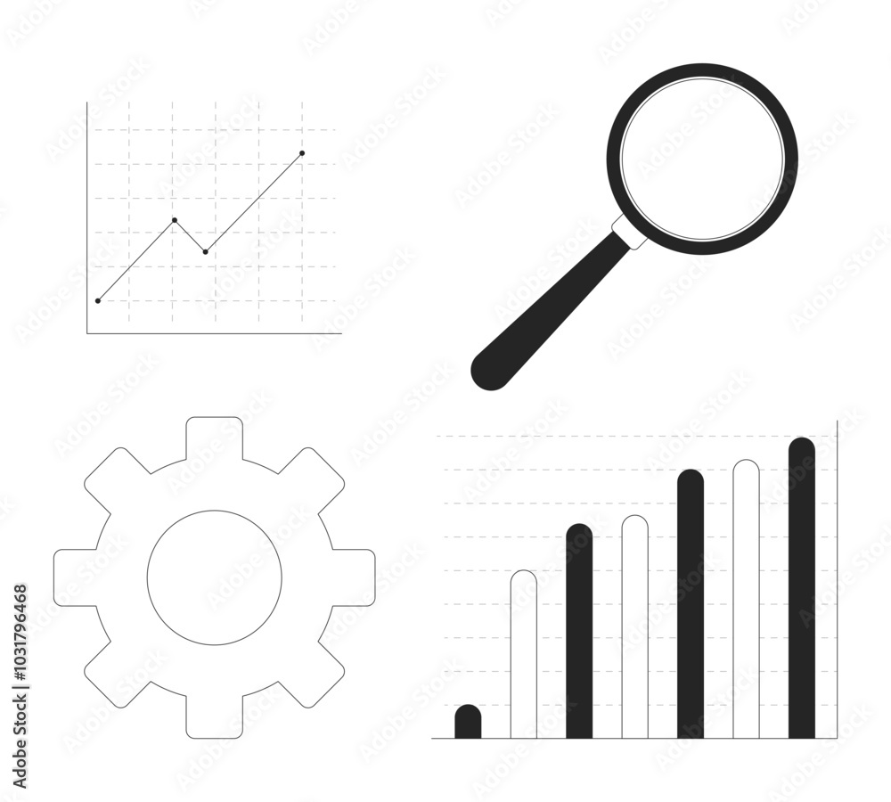 Business data analytics black and white 2D line objects set. Magnifying ...