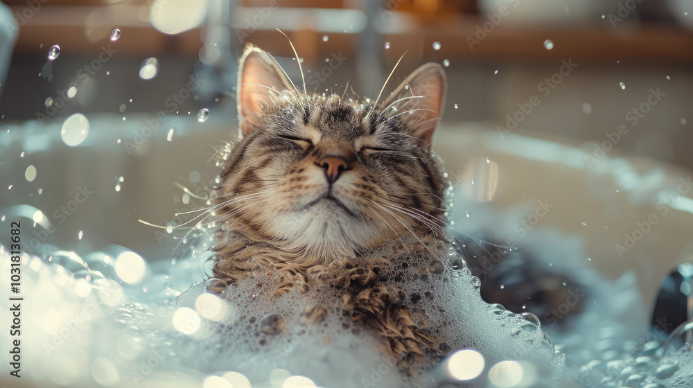 cute cat taking a bath in a bubble bath with eyes closed and covered in ...