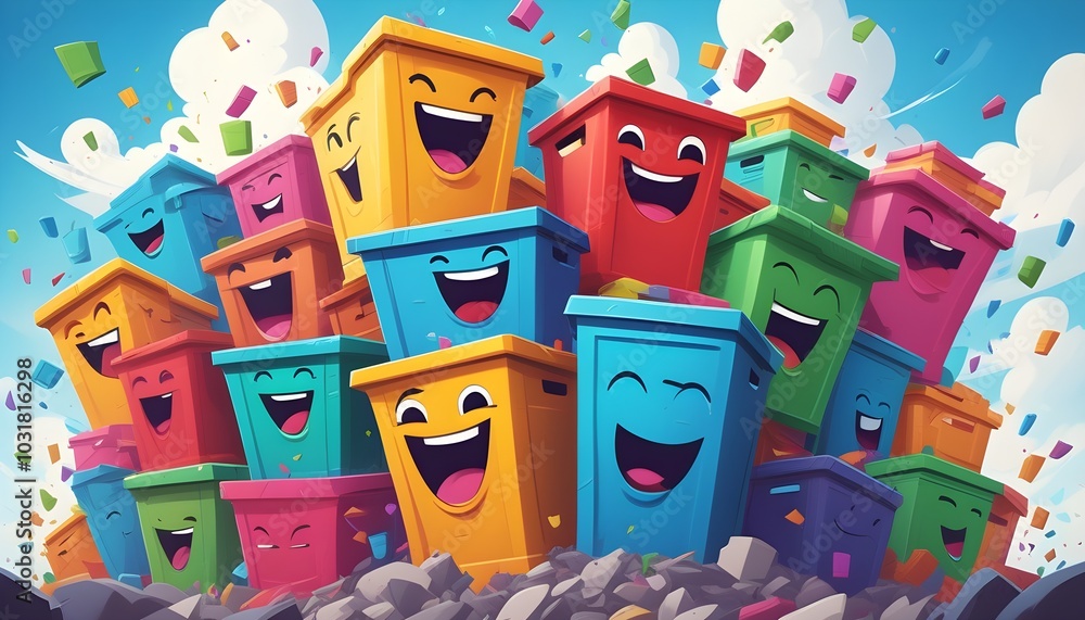 playful animated recycling bins with vibrant personalities in a lively ...