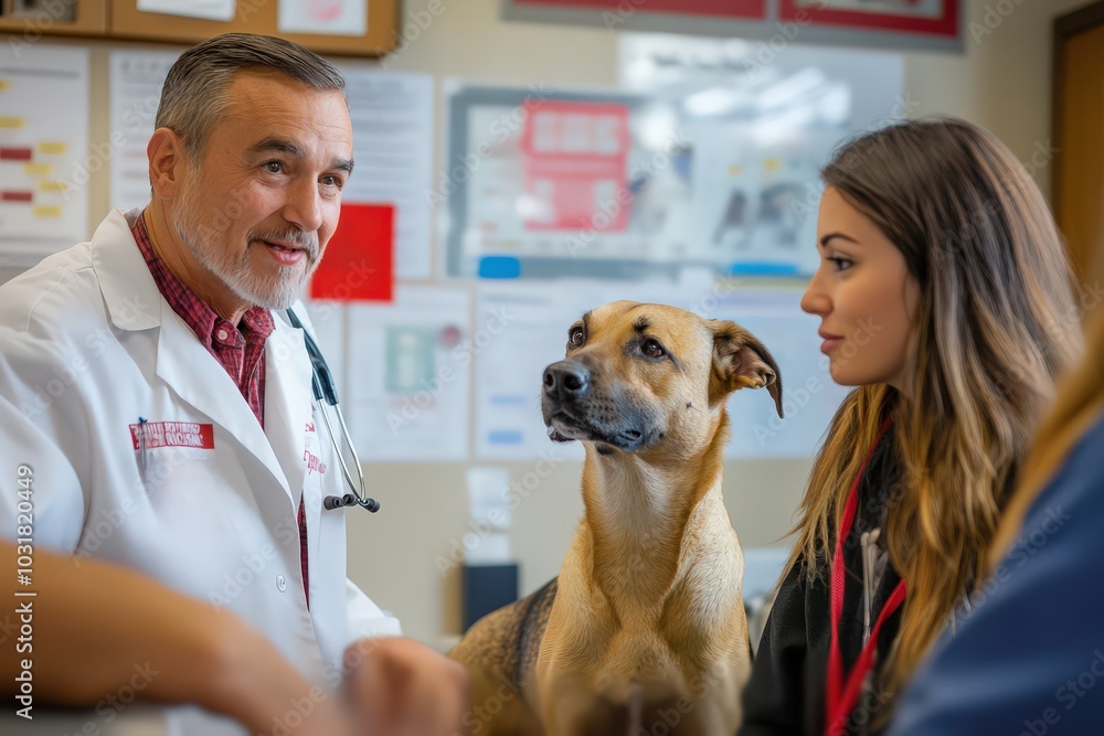 Engaged pet owner listening to veterinarian explain blood donation ...