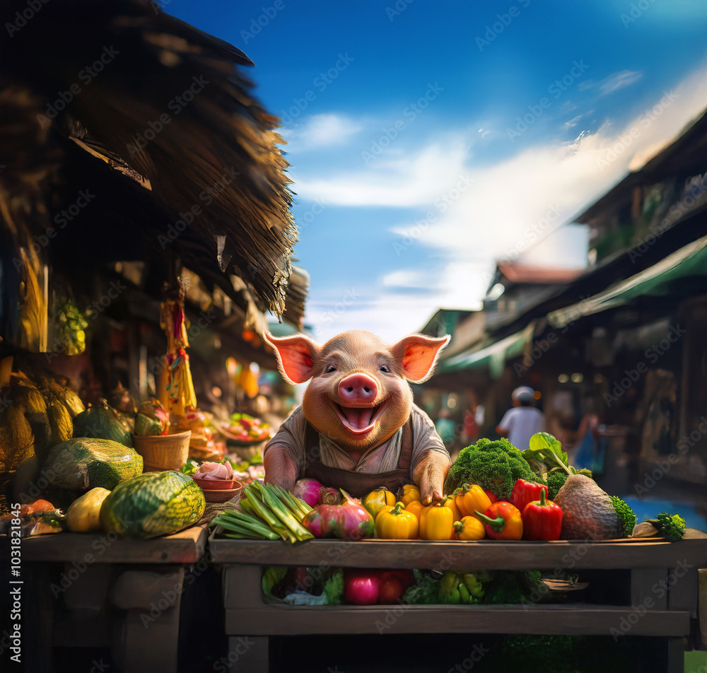 pig character selling vegetables from a stall in the streets of ...