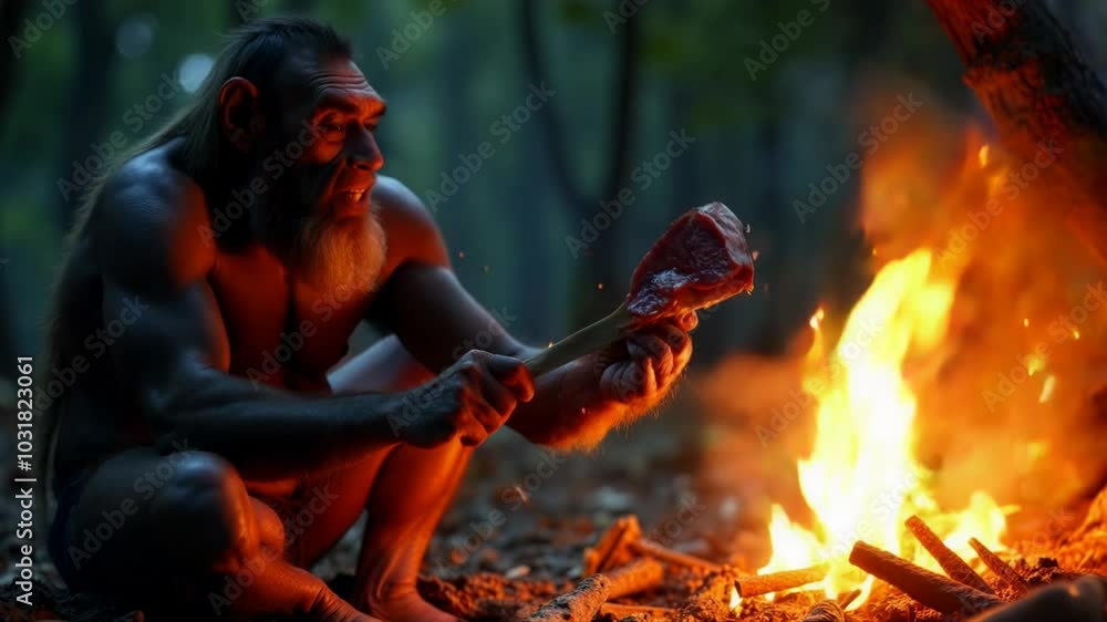 A rugged neanderthal caveman roasts meat over a campfire in a forest ...
