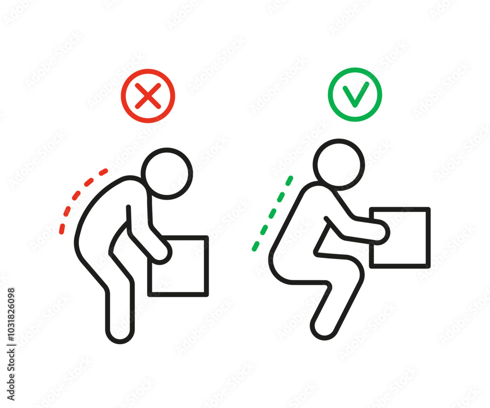Posture of spine for lift box, ergonomic work of person, line icon ...