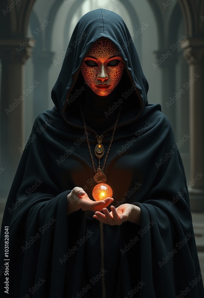 Mysterious, faceless female figure cloaked in a flowing, inky black ...