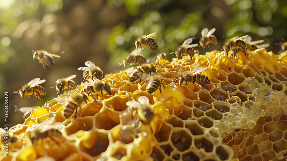 Bees are busy working on honeycomb, showcasing their intricate hive ...
