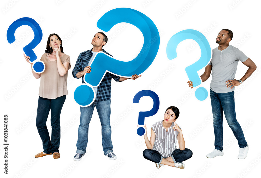 Poster Question marks png sticker, diverse people holding icons ...