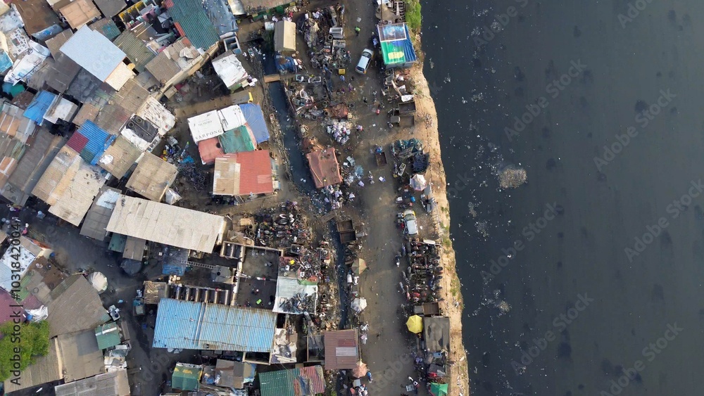 Poster Ghana, Accra, AGBOGBLOSHIE drone view Odaw River the largest ...
