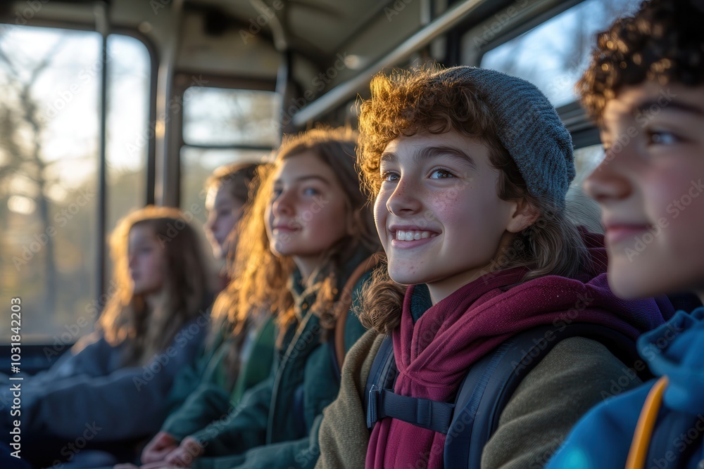 Group of happy children riding a school bus in the morning sunlight ...