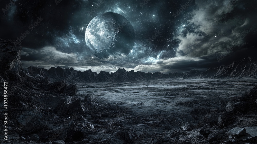 Alien Night Sky Over Desolate Moon-like Plains Filled with Craters ...