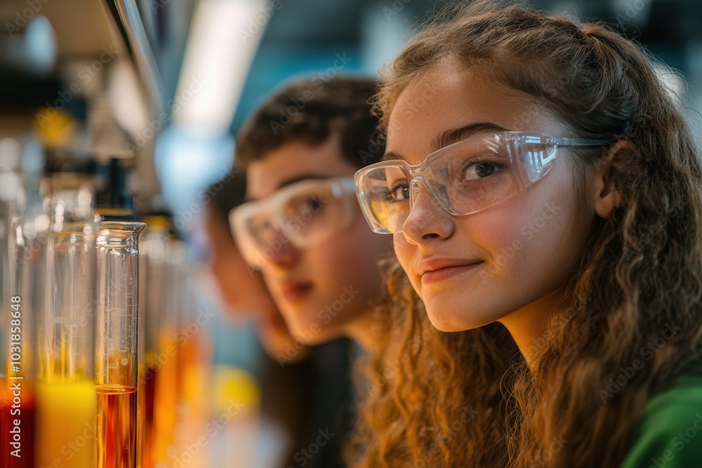 Teenagers in a science lab engaged in an experiment, wearing safety ...
