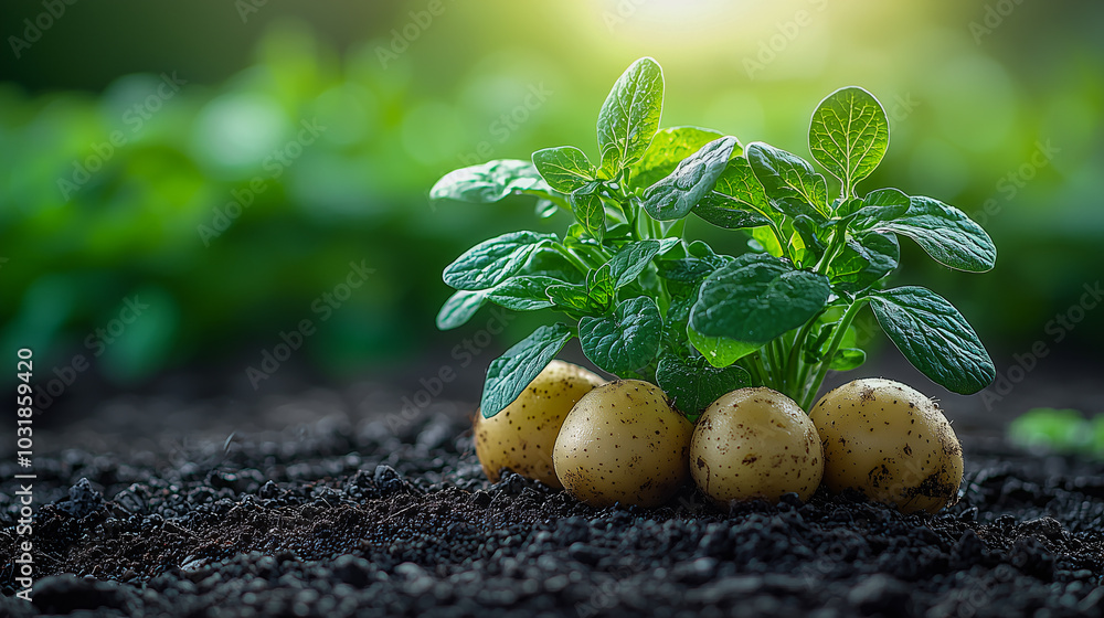 Potato Plant Growth: Young potato plant with new potatoes emerging from ...