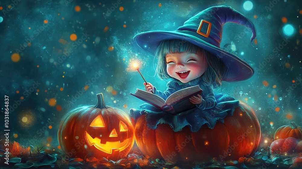 Happy Halloween! Cute cheerful little witch with a magic wand and book ...