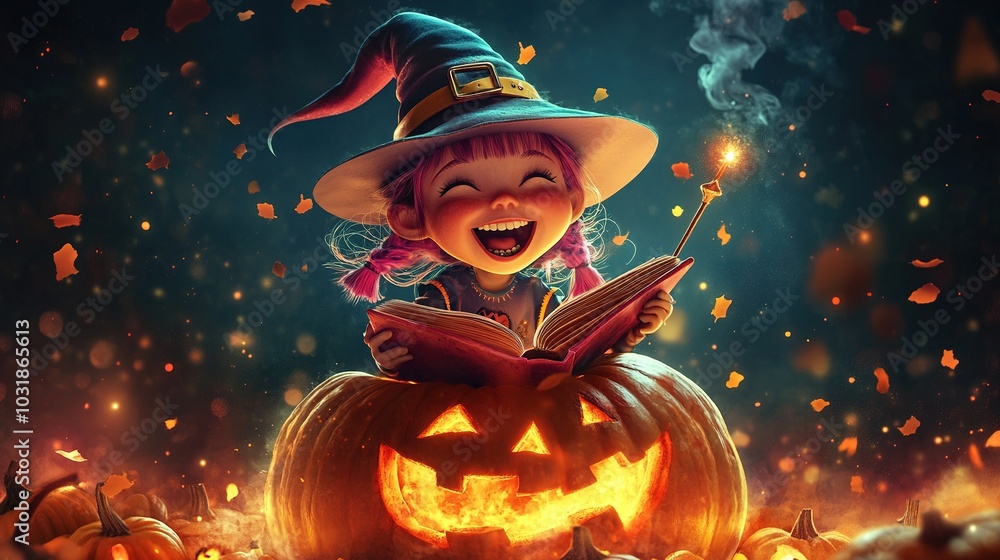 Happy Halloween! Cute cheerful little witch with a magic wand and book ...