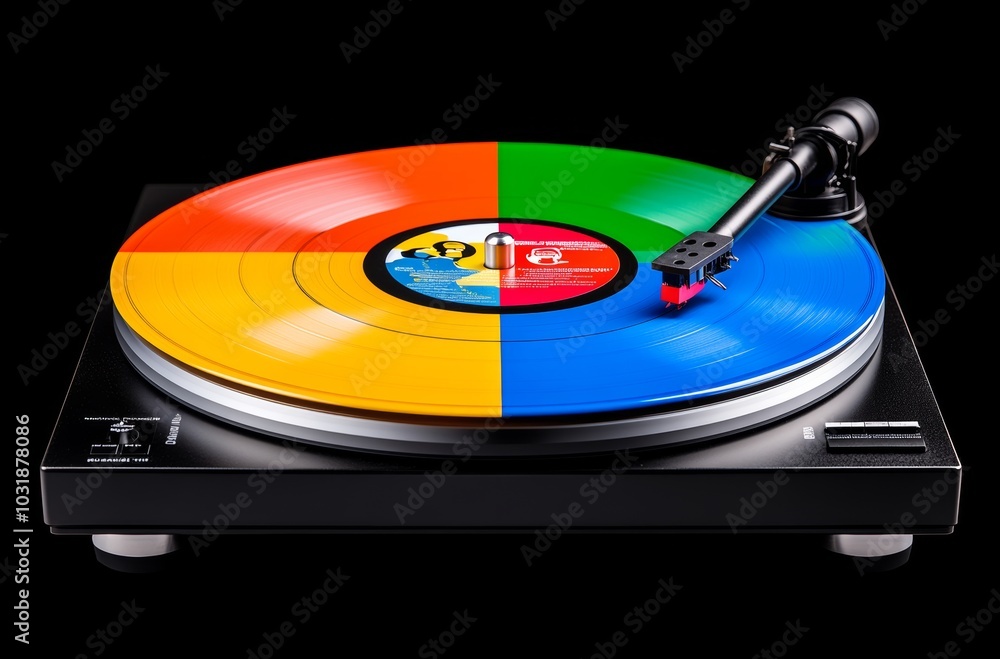 Colorful record is spinning on a turntable. The colors are red, yellow ...