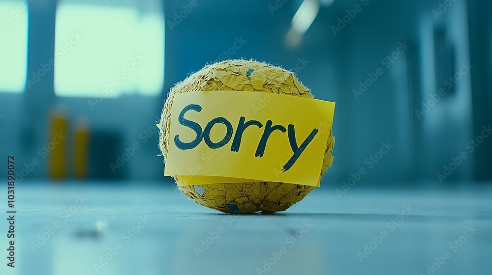 Crumpled note with Sorry message handwritten on it smoothed out and ...