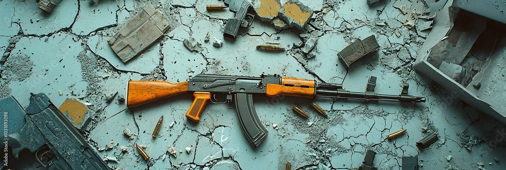 Discarded and forgotten AK 47 assault rifles lying on a cracked and ...