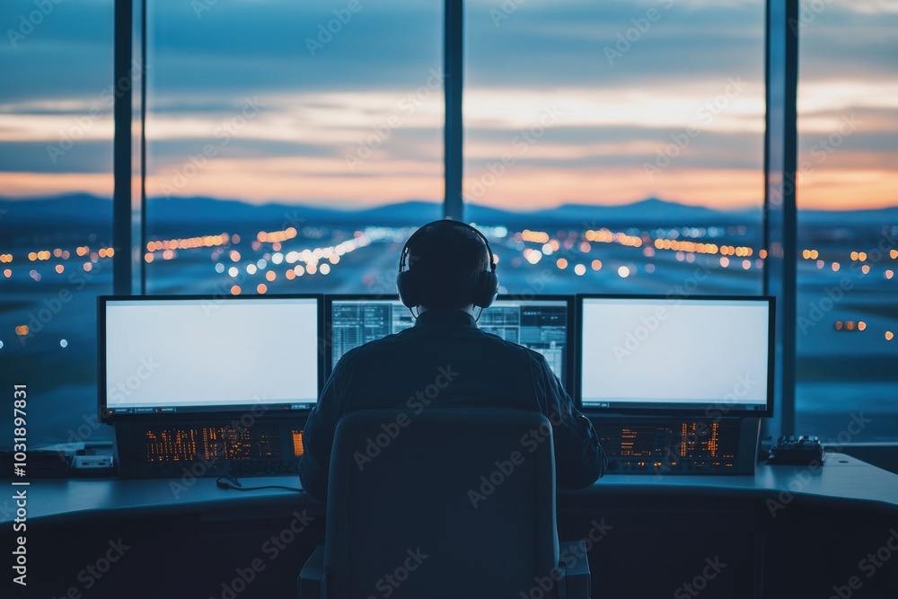 Air traffic controller monitoring airport runway at sunset Stock Photo ...