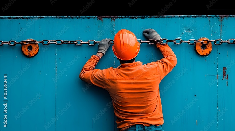 Hardworking dockworkers carefully securing cargo containers on a large ...