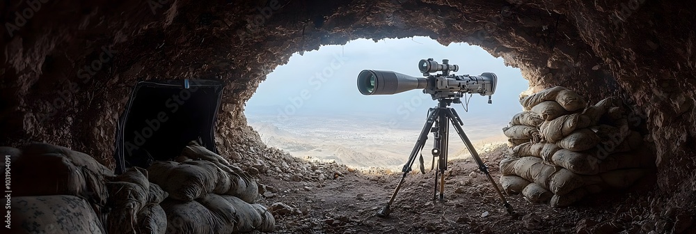 Machine Gun Mounted on Tripod Inside Sandbag Bunker for Military ...