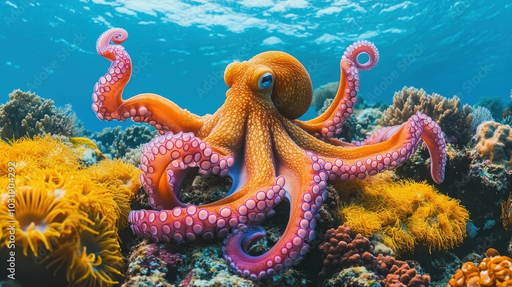 A vibrant, realistic digital illustration of an octopus resting on a ...