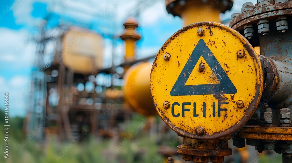 Wastewater treatment plant with various safety equipment and warning ...