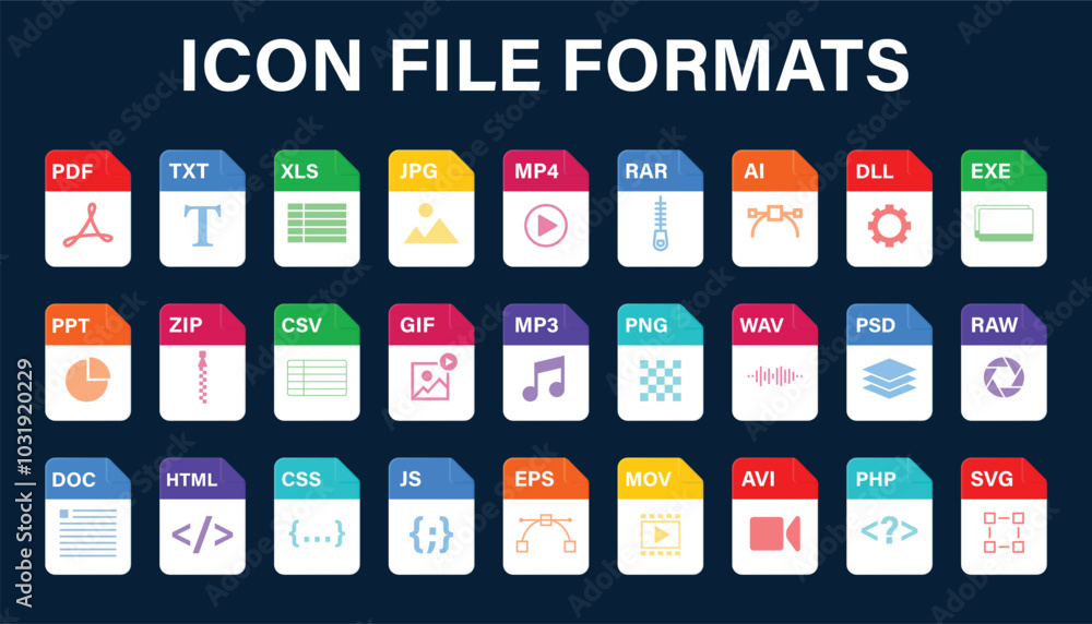 File type icon set. Popular files format and document. Format and ...