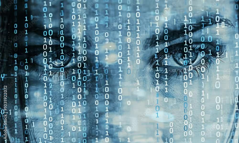 Woman face overlaid with binary code video animation. Double exposure ...