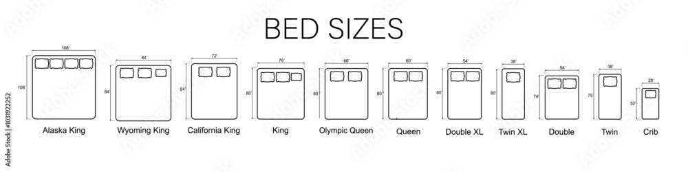 Bed Sizes and Mattress Dimensions . Pictograms depict icons of bed ...