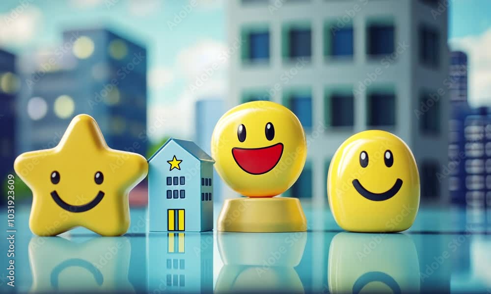 Three smiley faces with a house in the background, a symbol of ...