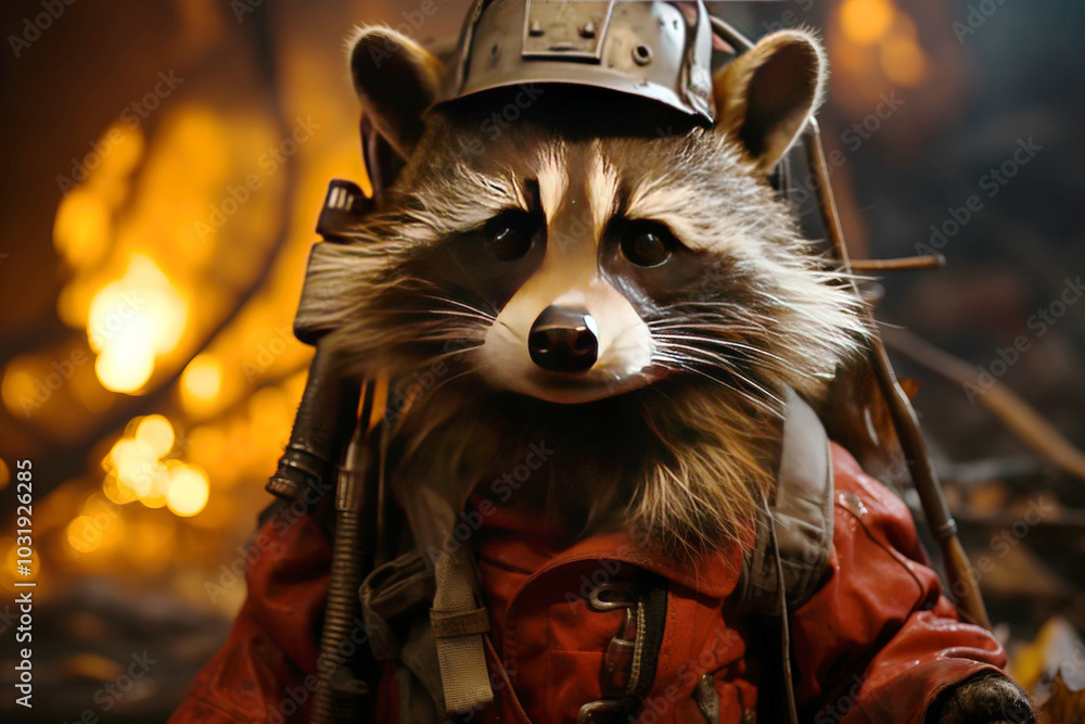 Raccoon in form of firefighter puts out fire, background is forest ...