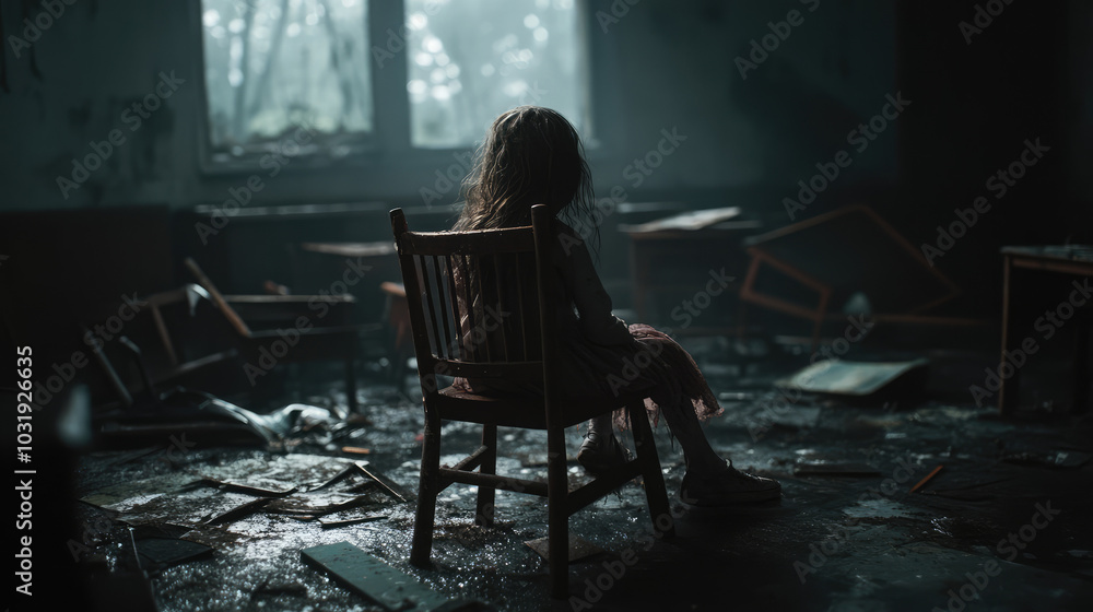 A terrifying child ghost with pale skin and sunken eyes occupies a ...