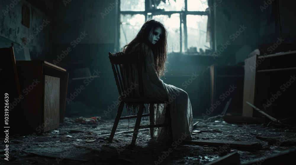 A terrifying child ghost with pale skin and sunken eyes lounges in a ...