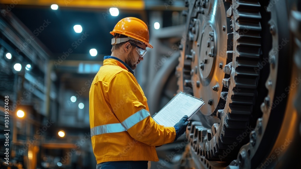 An industrial engineer conducting an on-site inspection of heavy ...