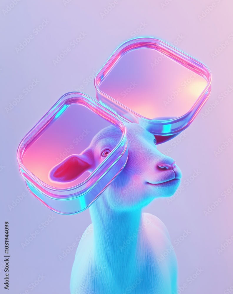 Baby goat lit with neon light surrounded with elongated glass elements ...